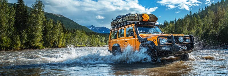 A Powerful Overlander SUV Splashes through a River, Demonstrating Its ...
