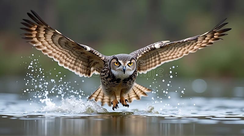 Powerful Owl Emerges from Water, Wings Spread, Causing Splashes Stock ...