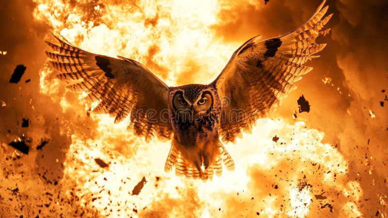 Owl Soaring through Explosion of Fire and Destruction Stock Image ...
