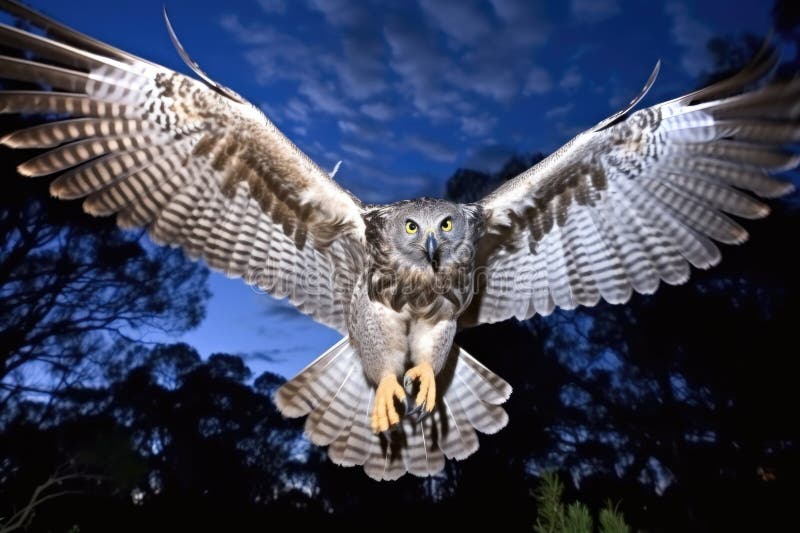 Powerful Owl in Flight Against Starlit Night Sky Stock Photo - Image of ...