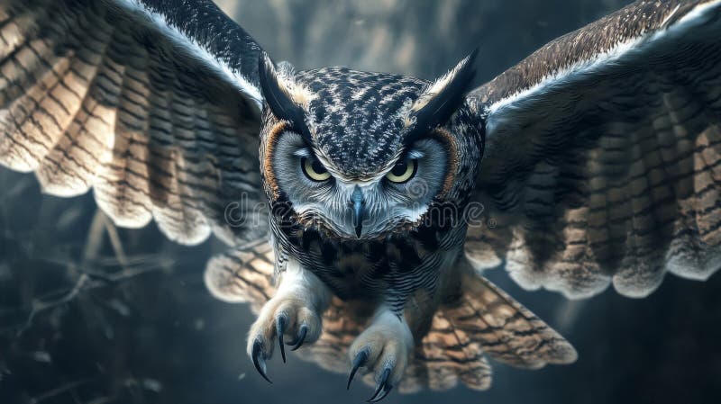 Powerful Owl in Flight, Dark Forest Setting Stock Illustration ...