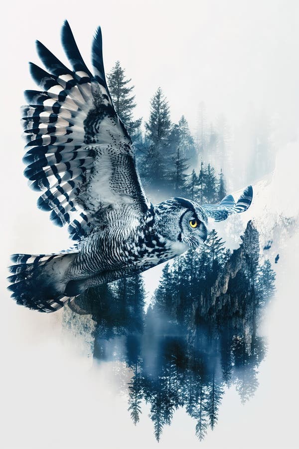Powerful Owl Flying through Snowy Mountain Forest Double Exposure Stock ...