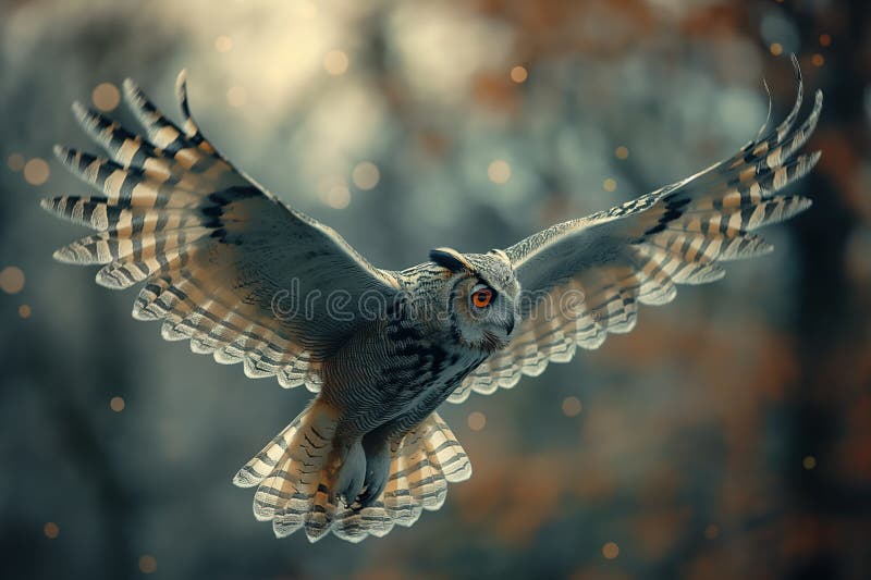Powerful Owl Flying with Spread Wings in Nature Stock Photo - Image of ...