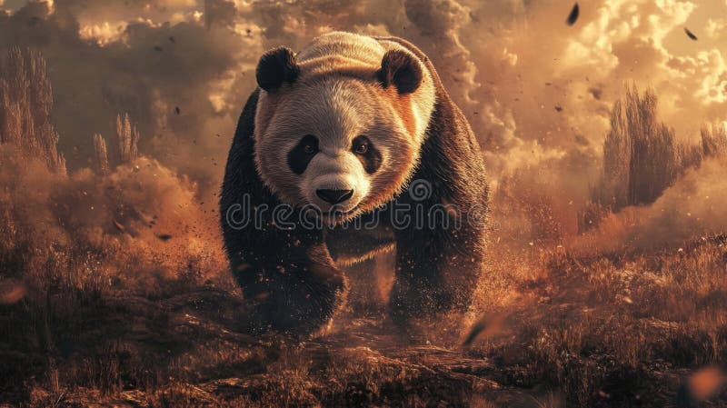 Powerful Panda Walking through Dusty Sunset Landscape Stock ...