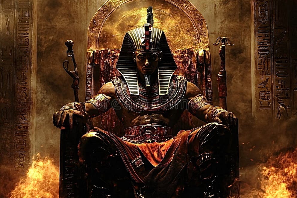 Powerful Pharaoh Sitting on a Throne Surrounded by Fire Stock Image ...