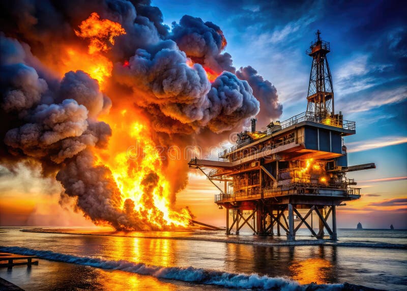 AIGenerated Image Dramatic Offshore Oil Rig Fire Pipeline Explosion ...