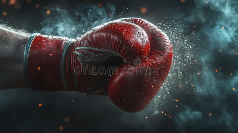 Strong Punch Delivered with Red Boxing Glove Against Dark Background ...