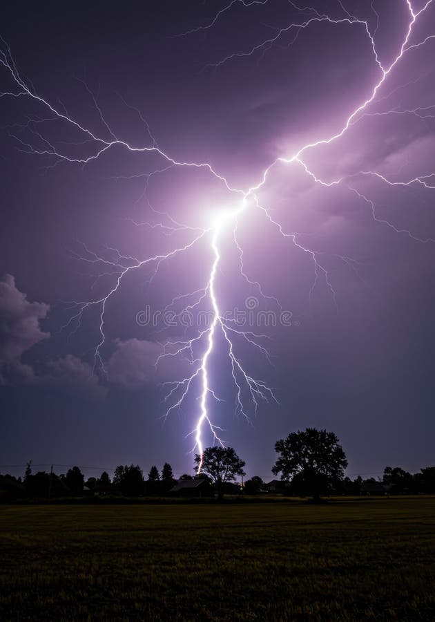 Powerful Purple Lightning Strike Over Dark Field at Night Stock ...