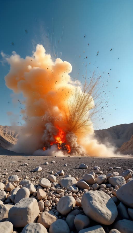 Powerful Quarry Blast Against Clear Blue Sky. Huge Explosion Creates ...