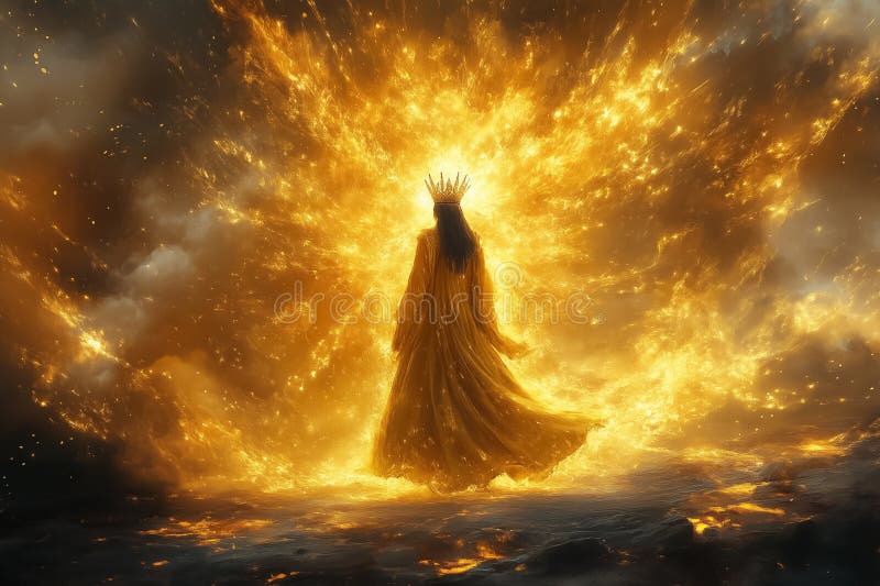 A Powerful Queen Raises Her Crown, Enveloped by Bright Flames ...