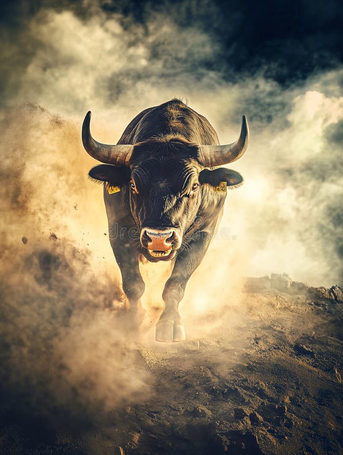 Powerful and Raging Bull Running in Epic Dust and Dirt Stock ...