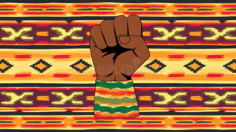 A Powerful Raised Fist Against a Vibrant African-inspired Patterned ...