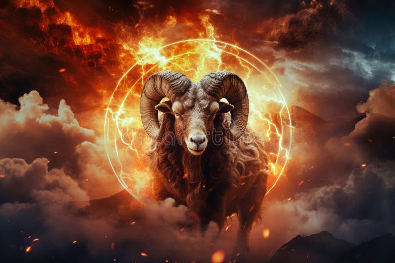 A Powerful Ram with Imposing Horns Standing Amidst Flames in a Field ...