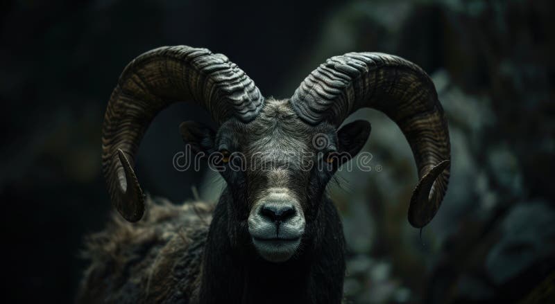 Powerful Ram with Large Horns in Dark Forest Stock Illustration ...