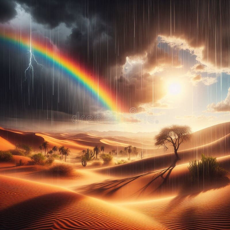 Powerful, Rare Thunderstorm with Lightning in the Desert. Stock ...