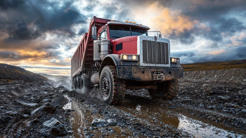 Powerful Red Dump Truck Driving Off Road in a Rugged Terrain Stock ...