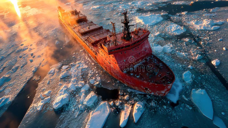 A Powerful Red Icebreaker Ship Plows through Thick Sea Ice Under ...