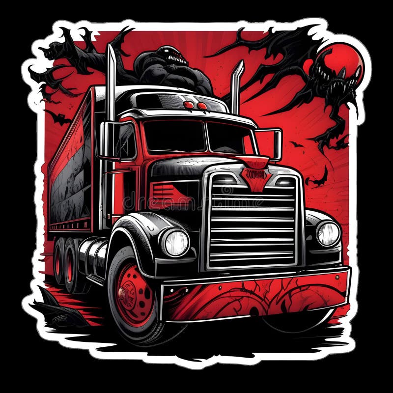Powerful Red Semi-truck in Dynamic Graphic Style with Bold Outlines and ...