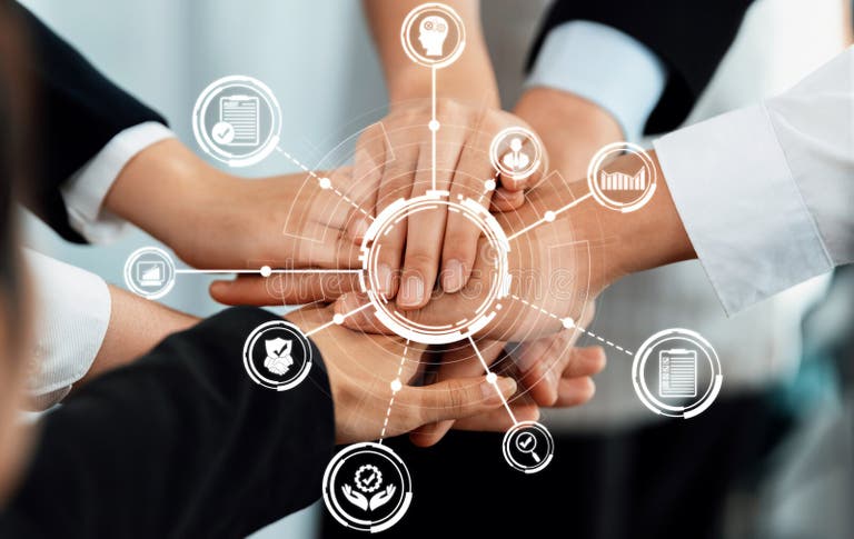 Team Collaboration and Unity in Business with Hands Overlaid by Digital ...