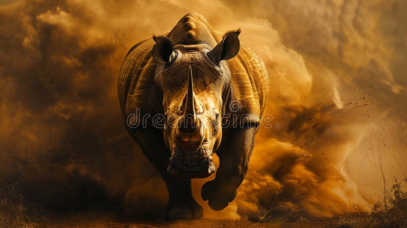 Powerful Rhino Charging through Dust Cloud Stock Illustration ...