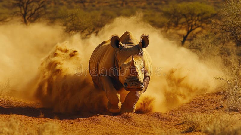 Powerful Rhino Charging through Dusty African Landscape Stock Image ...