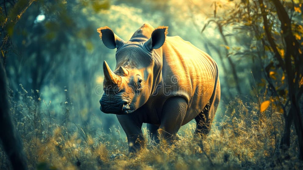 Powerful Rhino in a Lush African Forest at Sunset Stock Illustration ...