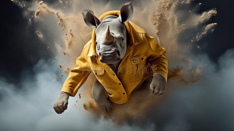 Rhino in a Bright Jacket Bursts through Clouds of Dust and Smoke ...