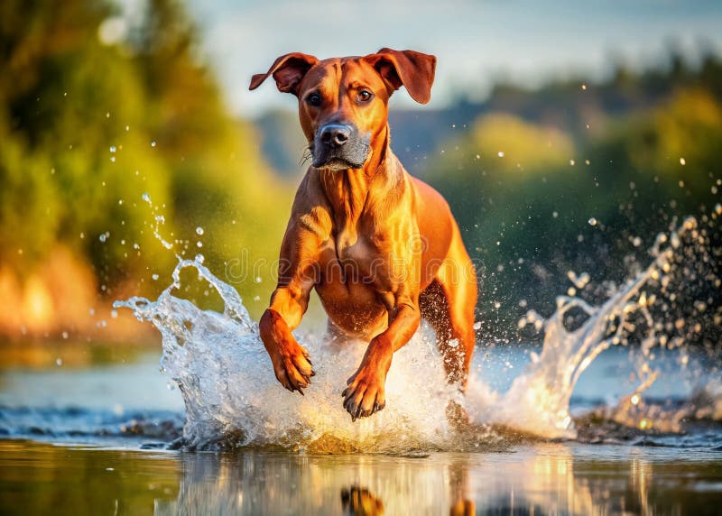 A Powerful Rhodesian Ridgeback in Action Splashing Joyfully through ...