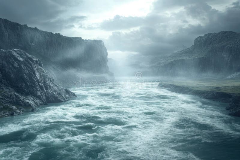 Majestic River Flows through Rocky Canyons Under Overcast Sky in Remote ...