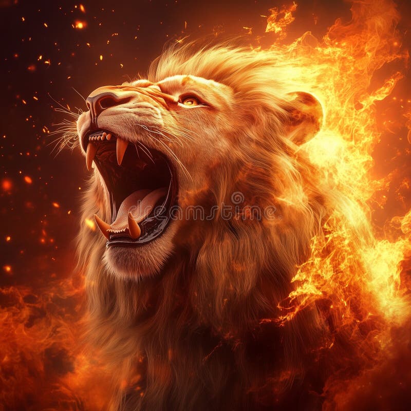Powerful Roaring Lion Surrounded by Intense Flames Stock Illustration ...