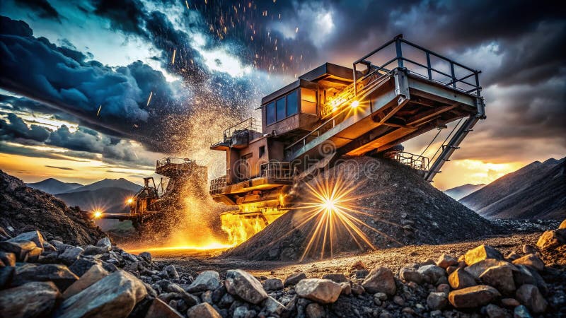 Powerful Rock Crusher Machine in Action Nighttime Industrial Operation ...