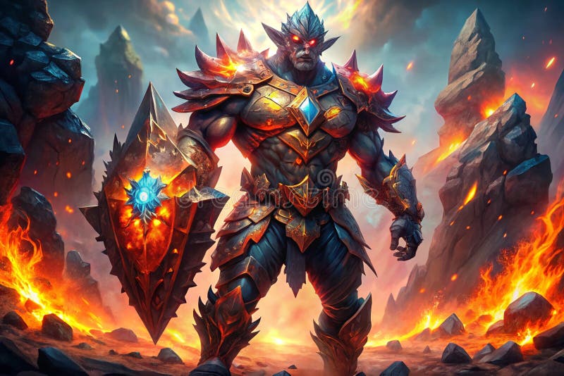 Powerful Rock Skinned Warrior with Glowing Blue Crystals in a Fiery ...