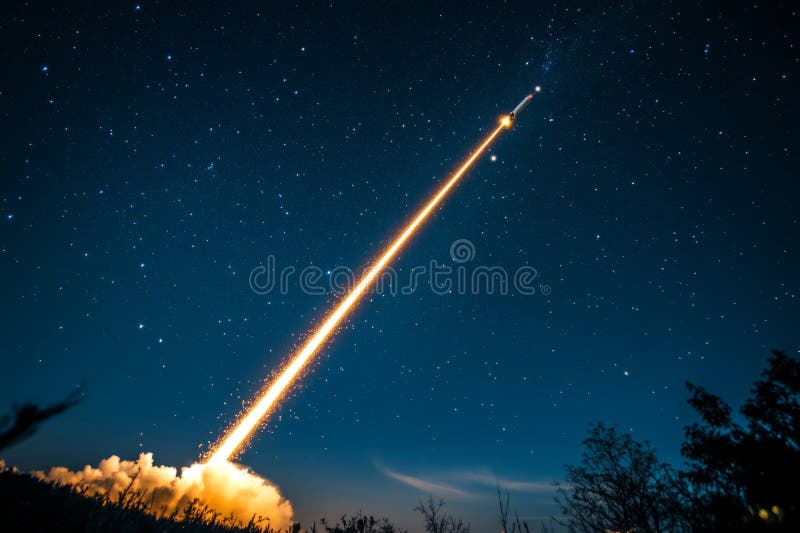 Powerful Rocket Ascending into a Starry Night Sky, Leaving a Bright ...
