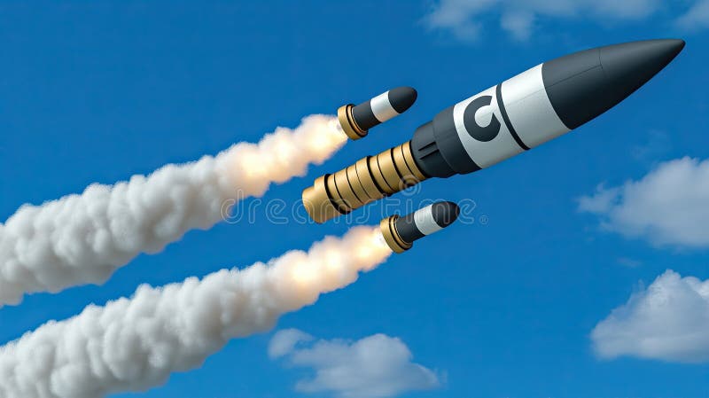 A Powerful Rocket Ascends through a Clear Blue Sky, Leaving Trails of ...