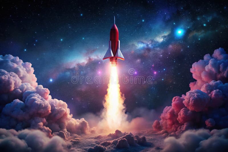 A Powerful Rocket Ascends through Cosmic Clouds Towards a Starry Galaxy ...