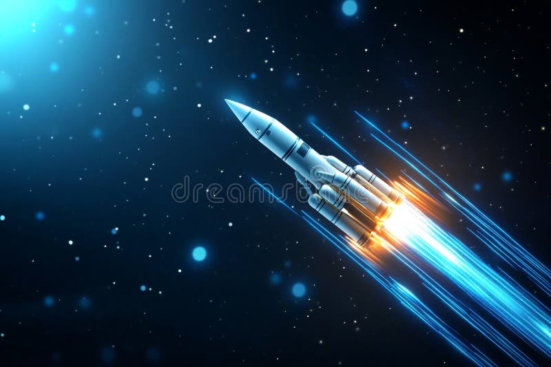 A Powerful Rocket Ascends through the Cosmos Its Engines Blazing with ...