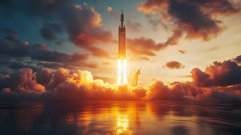 Powerful Rocket Launching into Dramatic Sky from Ocean Surface at ...