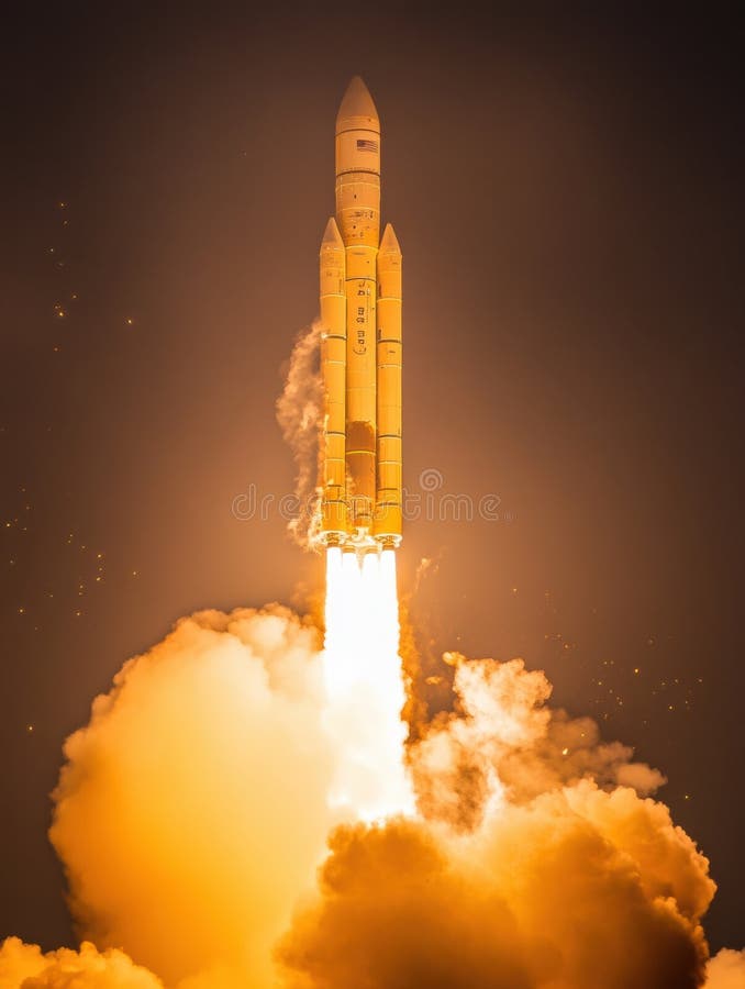 Rocket Launch Illuminates the Night Sky with Bright Flames and Smoke ...