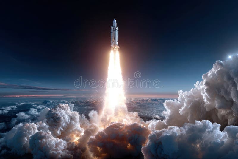 Rocket Launching into the Sky with Vibrant Flames and Clouds during ...