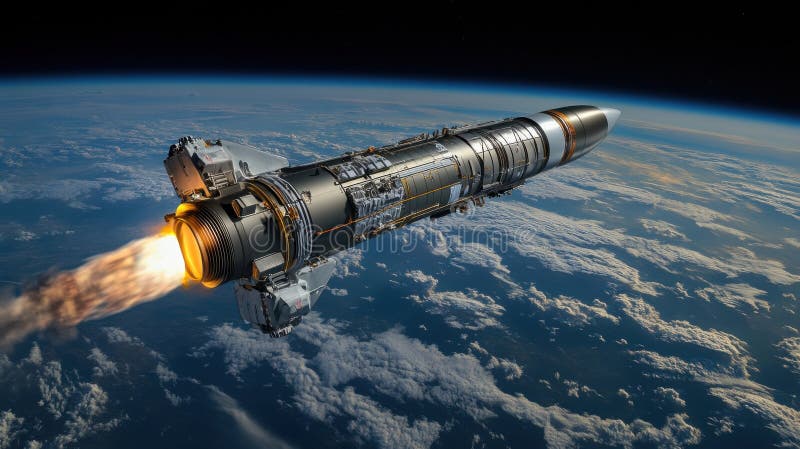 A Powerful Rocket with Blazing Engines Ascends through Space Above ...