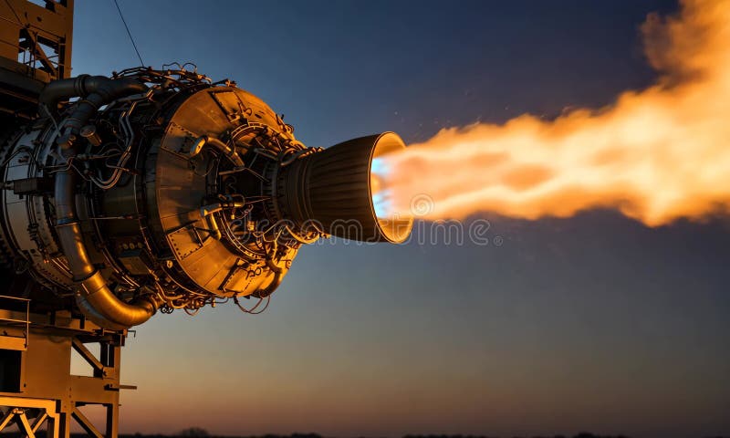 Rocket Engine Ignition Test at Dusk: Powerful Thrust and Fiery Exhaust ...