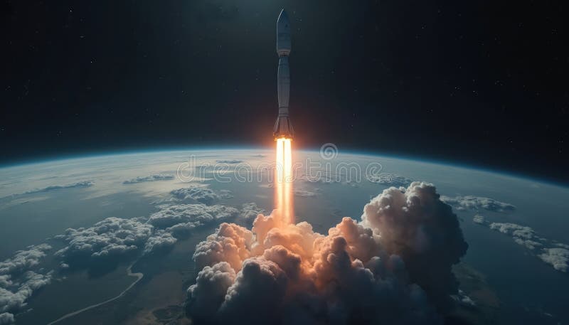 Powerful Rocket Launch Above Earth. Fiery Ascent of Spacecraft through ...