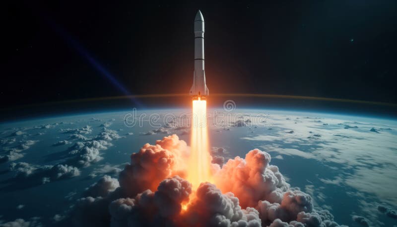 Powerful Rocket Launch Above Earth. Huge White Rocket Ascends through ...
