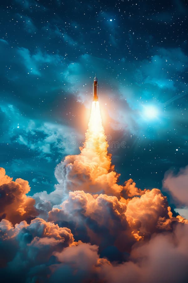 Spectacular Rocket Launch into Outer Space at Night Fiery Blast Off ...