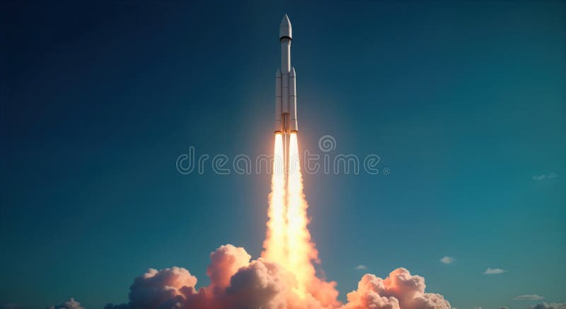 Powerful Rocket Launch Against Vivid Blue Sky. Spaceship Ascends ...