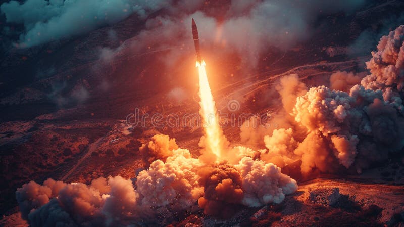 A Powerful Rocket Launch Amidst Dramatic Clouds and Fiery Exhaust ...