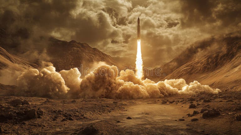 Powerful Rocket Launch Amidst Dramatic Mountain Scenery Stock ...