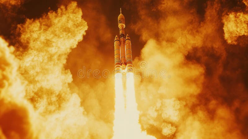 Powerful Rocket Launch Amidst Fiery Orange Clouds and Smoke Stock Photo ...