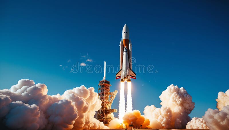 Powerful Rocket Launch into Blue Sky at Sunrise Stock Photo - Image of ...