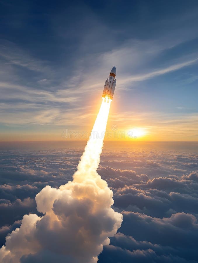 A Powerful Rocket Launch Breaking through the Clouds at Sunset ...